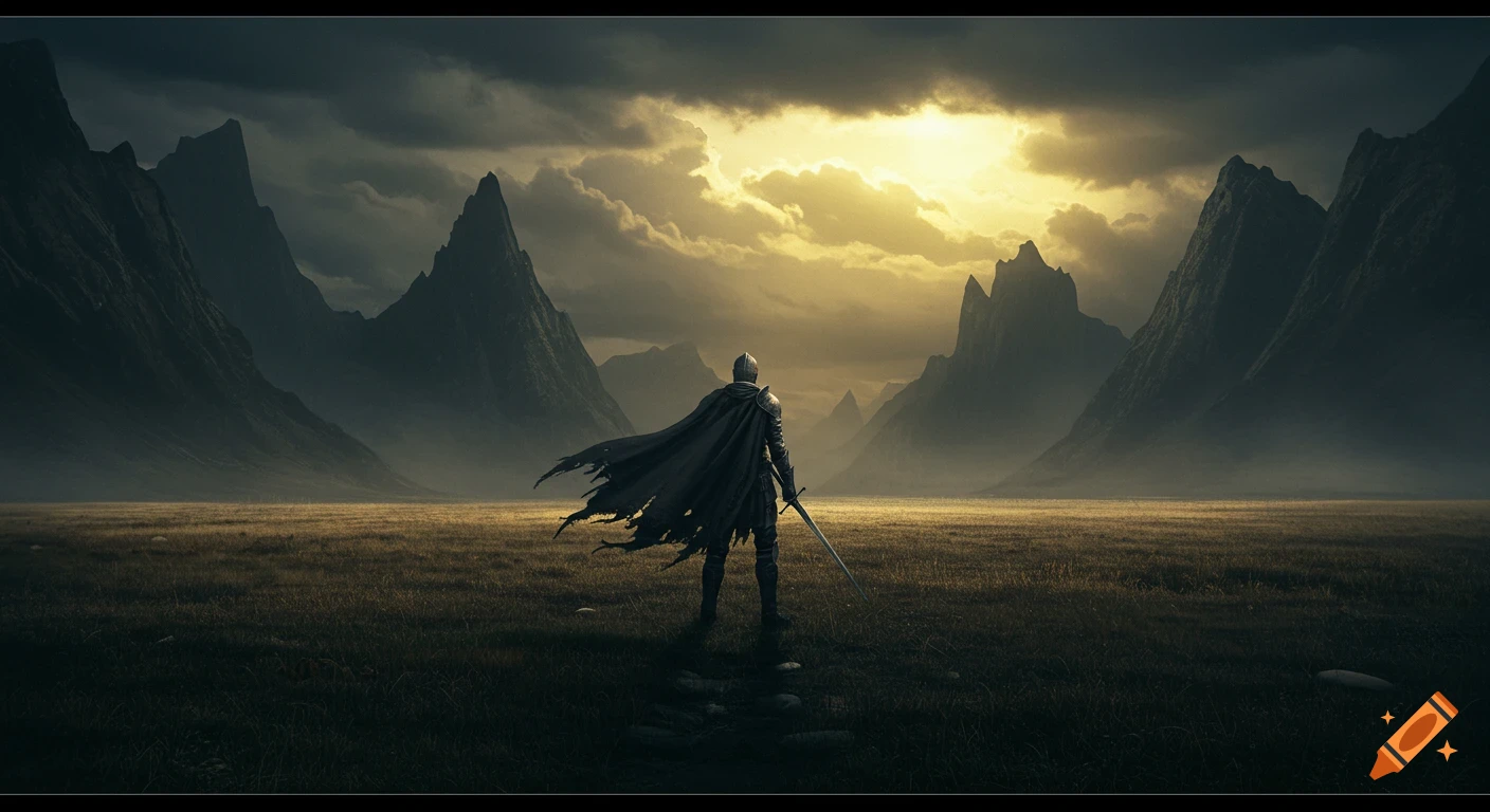 Dark fantasy painting of a lonely knight in torn cape standing in a ...