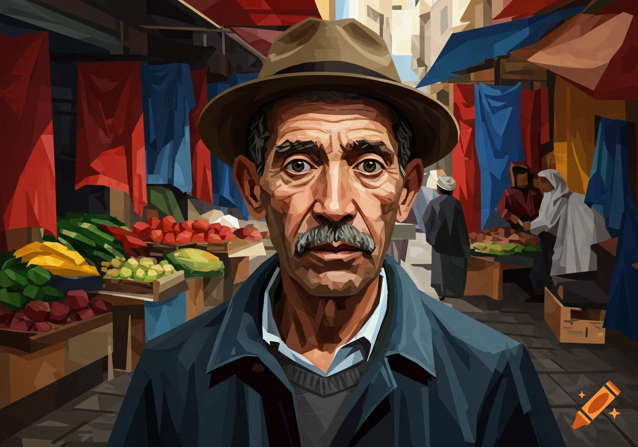 A man with a mustache and hat stands in a bustling market with fruit ...