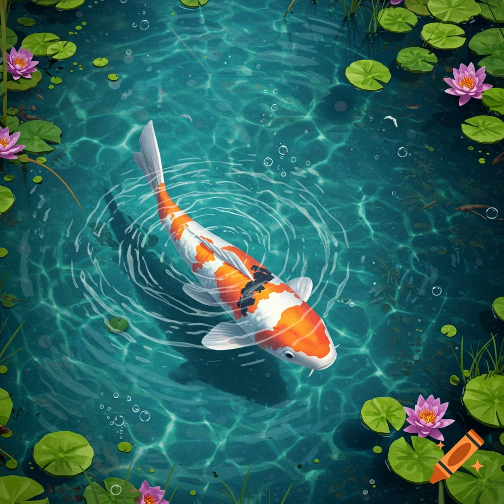 A vibrant orange and white koi fish swims in clear blue water with ripples, surrounded by green ...