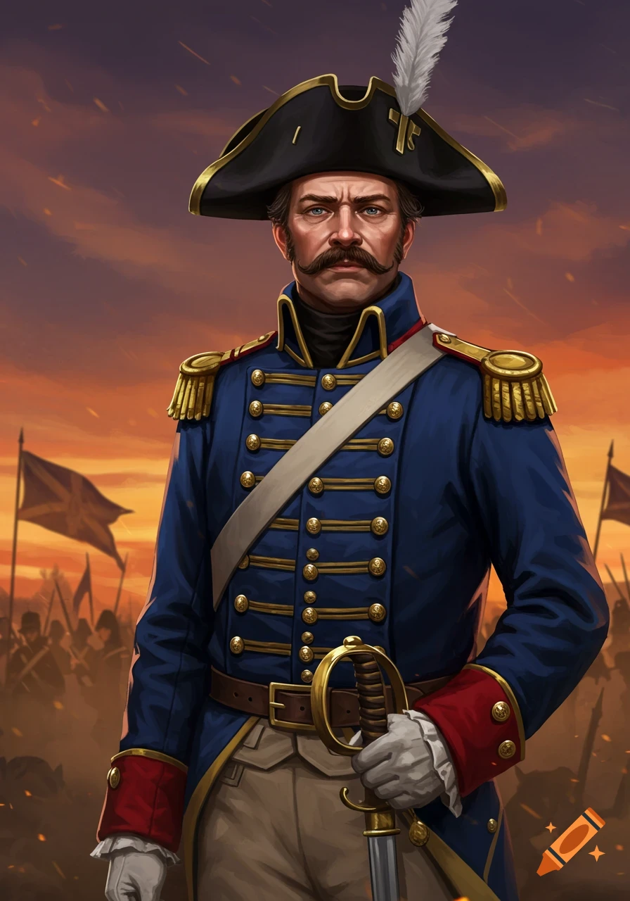 Painting of Napoleon in white uniform, pointing to men in historical ...