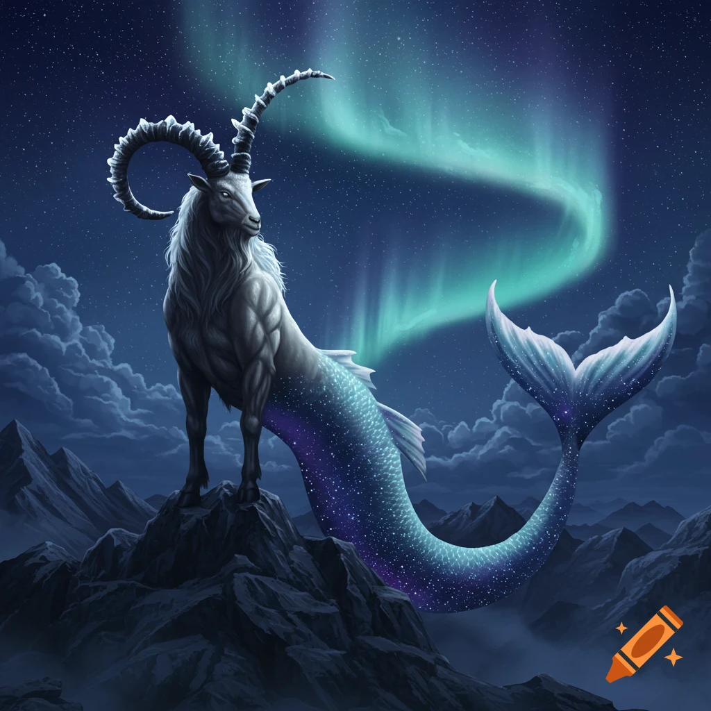 A majestic Capricorn creature, with a goat's head and forelegs and a ...
