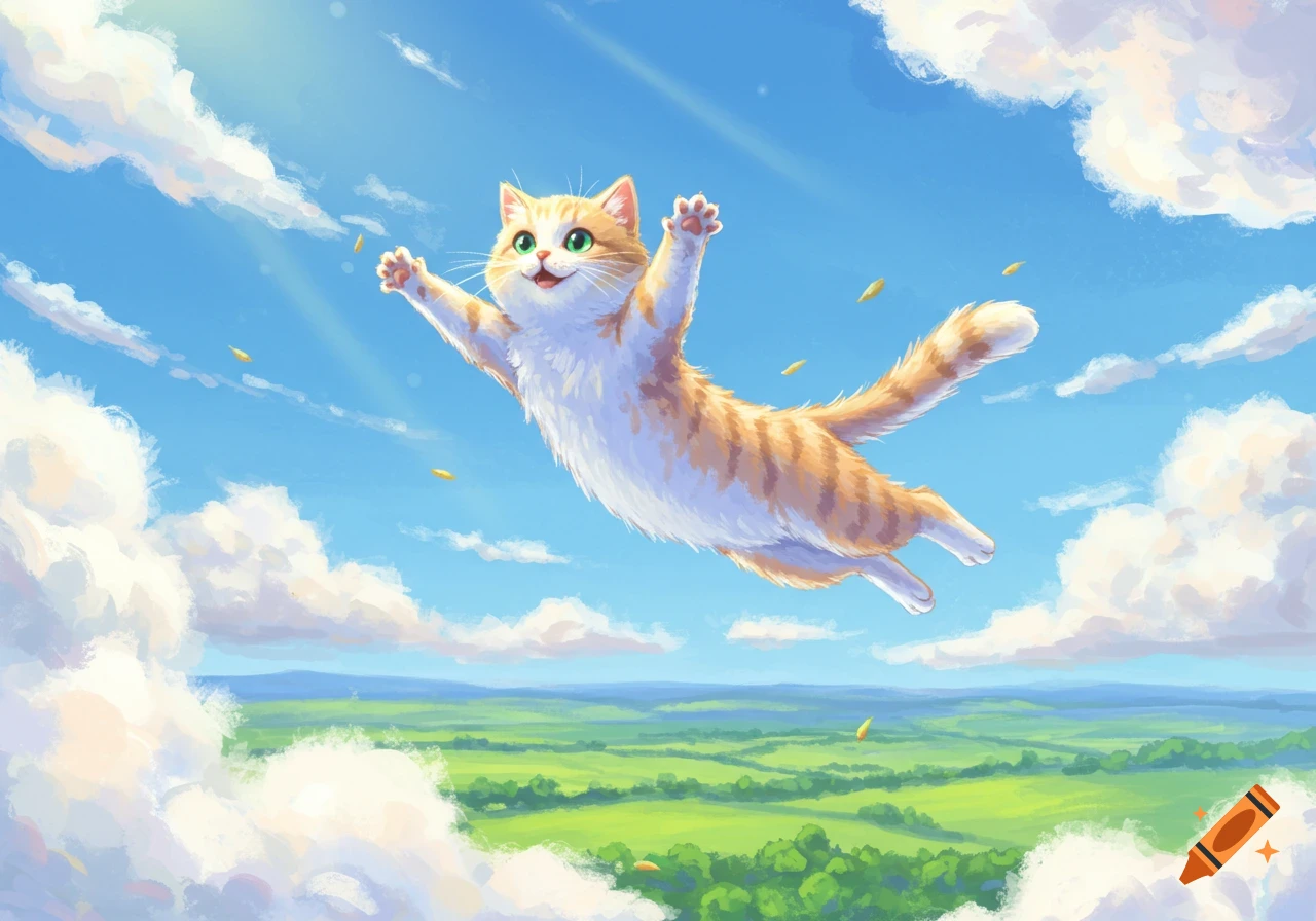 A cute, cartoon orange tabby cat waving in a pastel sky with clouds and ...