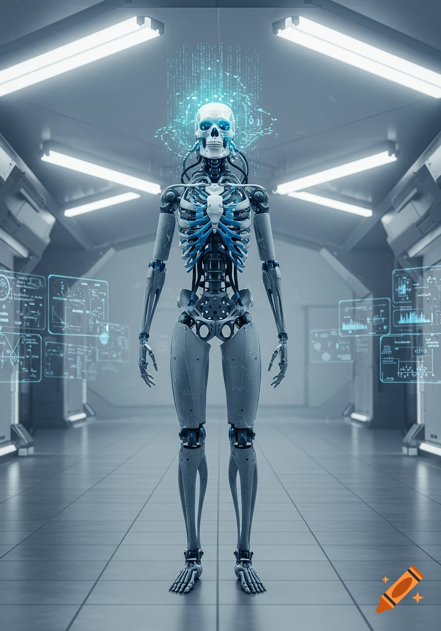 A metallic robot and a woman in a circuit-patterned dress walk in a ...