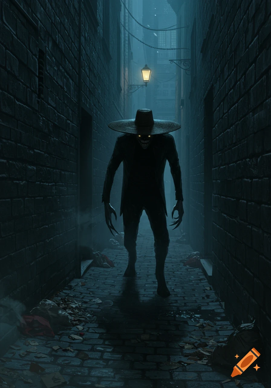 A terrifying creature with glowing eyes, sharp teeth, and long claws ...