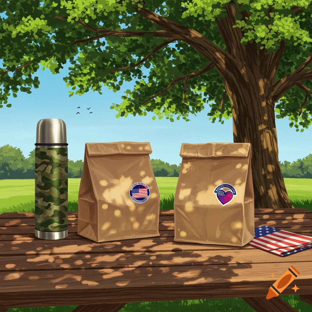A thermos and two brown paper lunch bags with patriotic-themed stickers ...