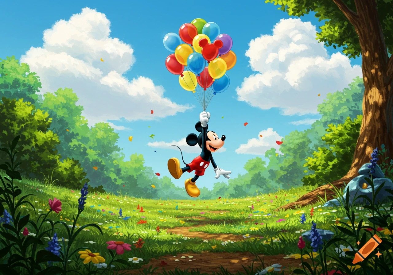 Cartoon Mickey Mouse joyfully floats in a sunny, grassy field, holding ...