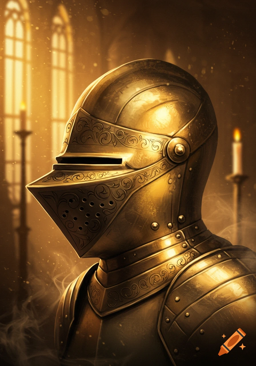 Golden medieval knight helmet with ornate engravings in a sunlit hall ...