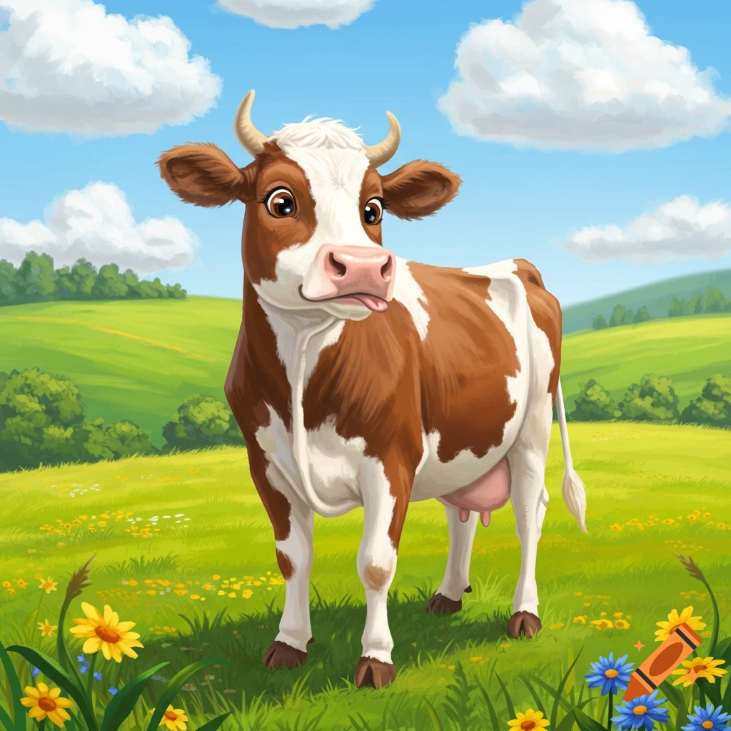 A happy, round, cartoon cow with colorful rainbow spots and a bell ...