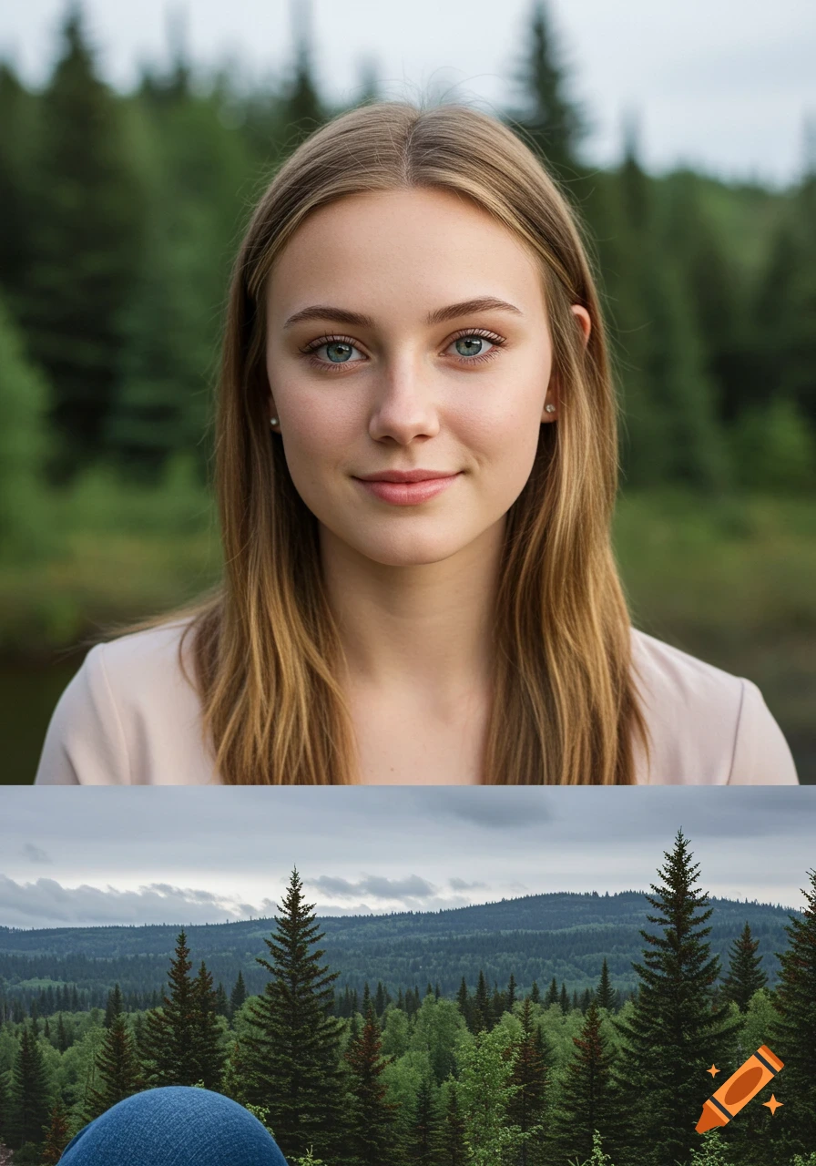 Close-up selfie of a smiling young woman with long brown hair and brown eyes, wearing a grey ...