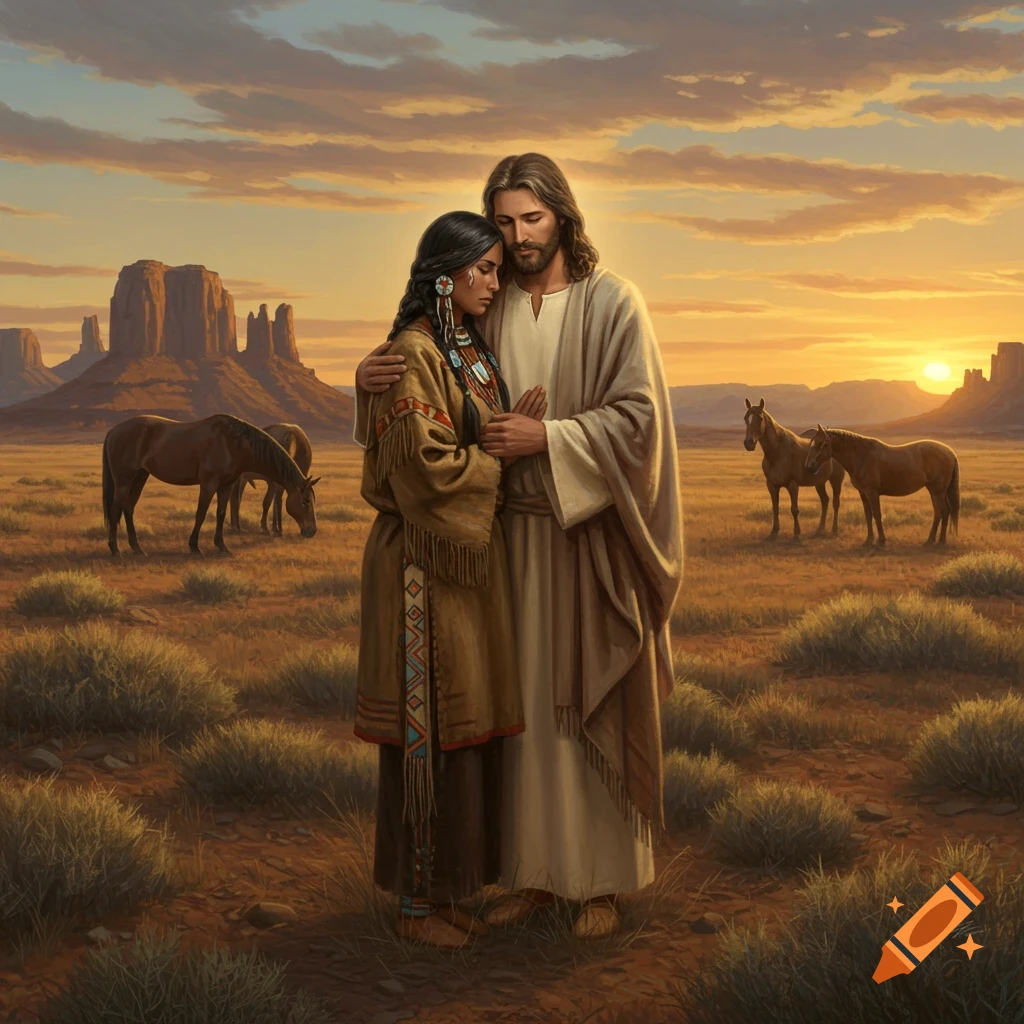 Native American adults watching children play in the mountains in a ...