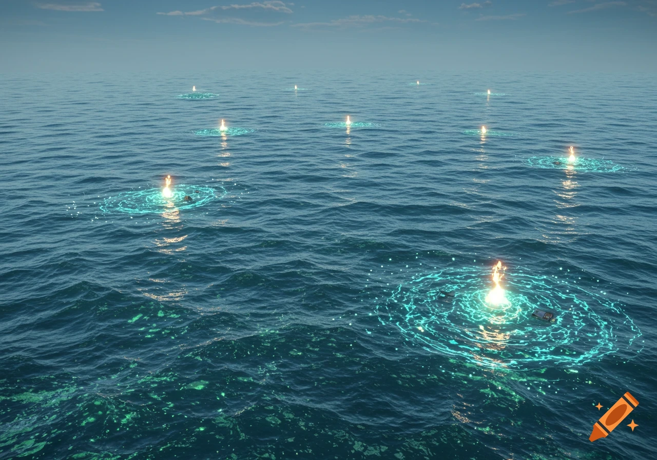 A vast blue ocean with many glowing, circular patterns of teal light ...