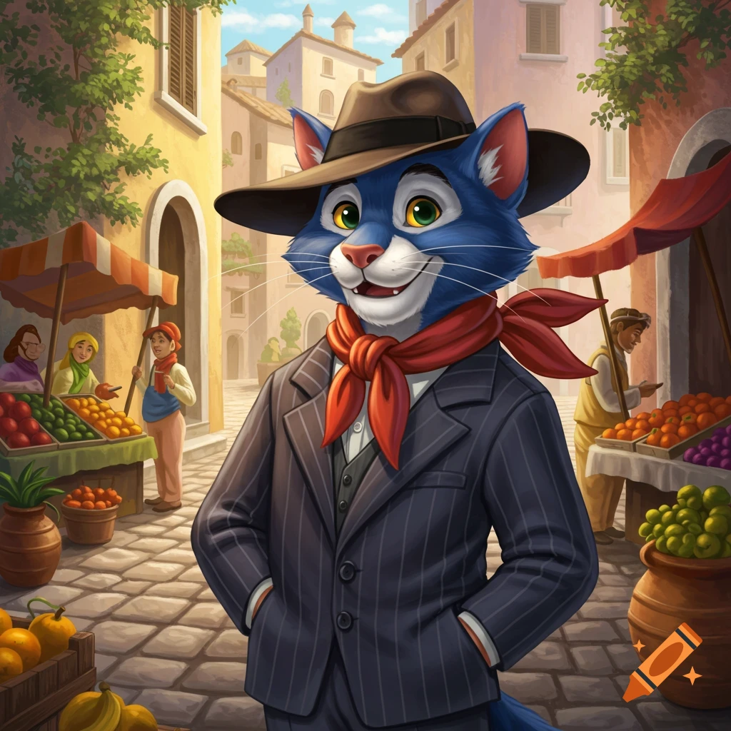 A blue anthropomorphic cartoon cat in a fedora and red scarf stands in ...