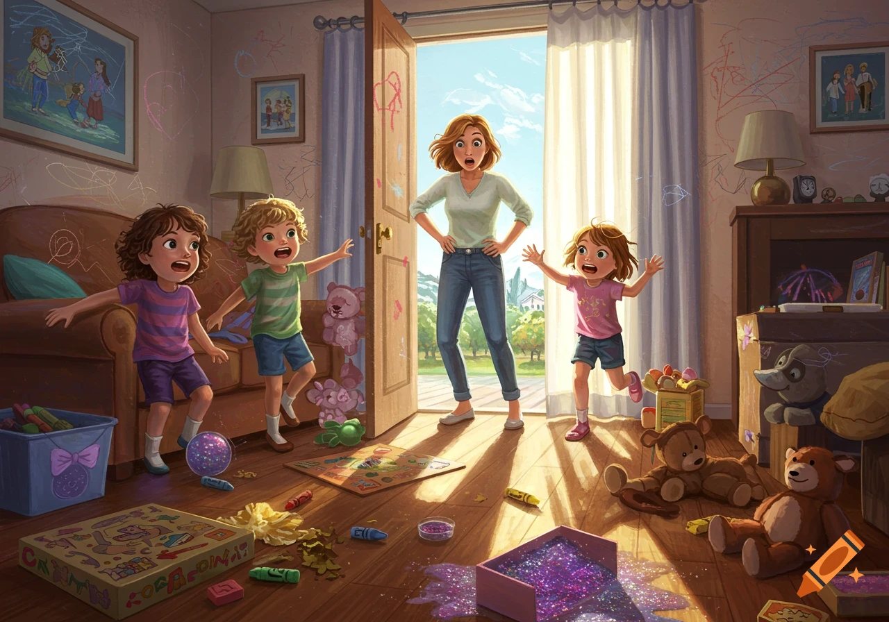 A cartoon mother looks shocked at her three young children who have ...