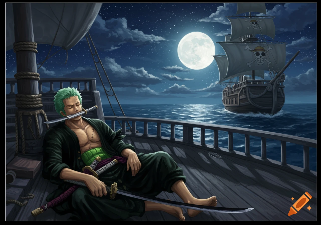 Roronoa Zoro sleeps on a pirate ship deck under a full moon at night ...