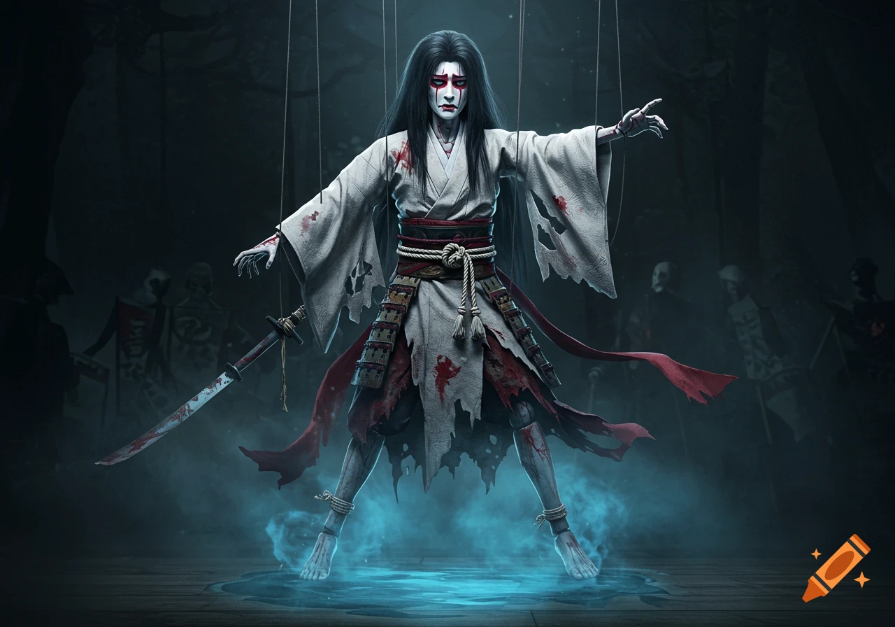 A hyper-detailed illustration of a Japanese Bunraku-Kabuki puppet of a ...