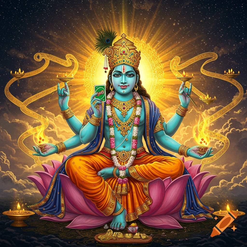 A multi-headed, multi-armed Hindu deity with golden skin and blue and ...