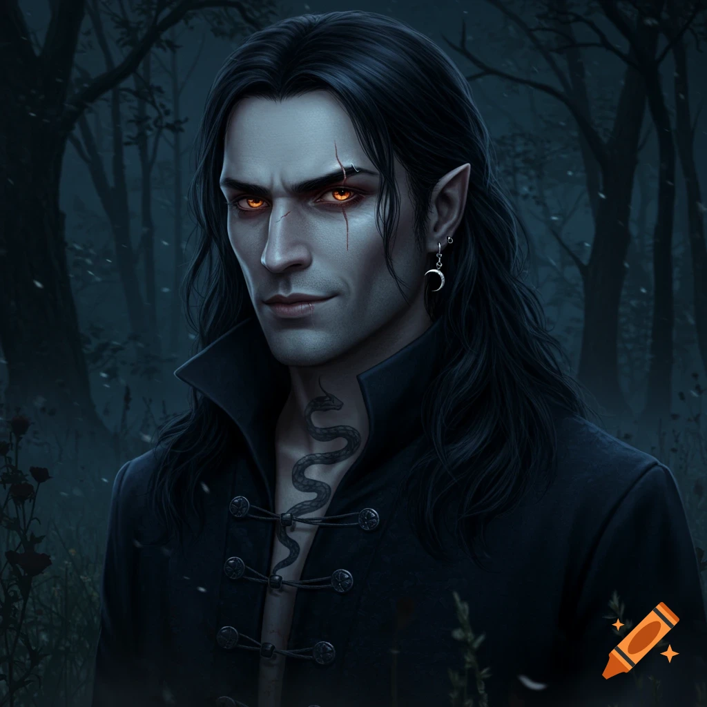 A brooding male vampire with long black hair, glowing amber eyes, a ...