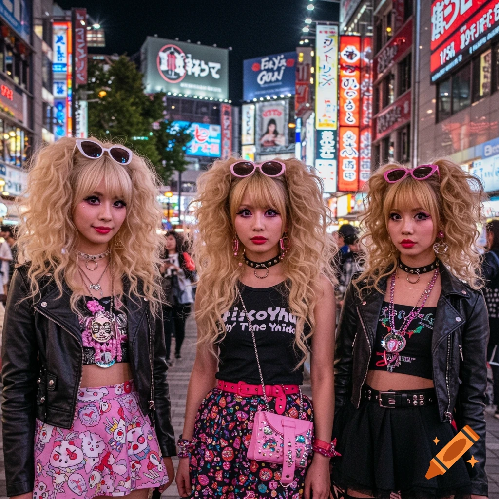 Three young women in elaborate gyaru fashion posing on a brightly lit ...