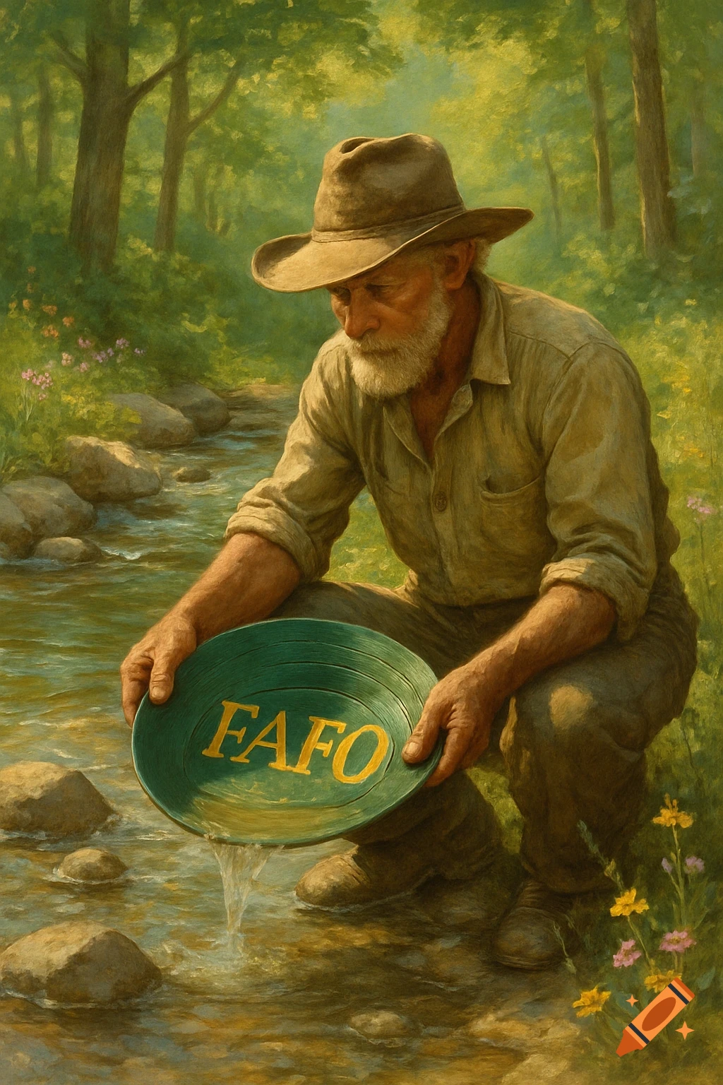 A painting of an old gold prospector panning in a creek, with 'FAFO ...