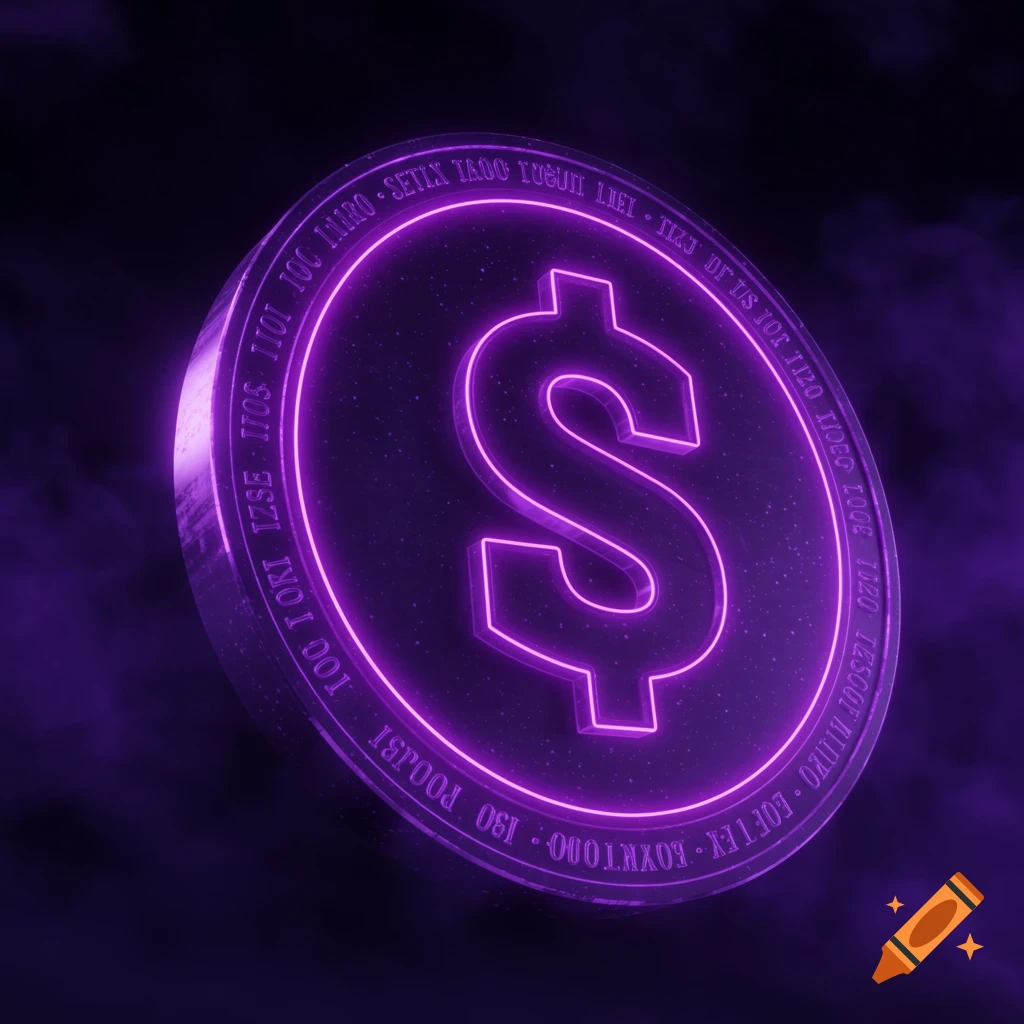 A glowing neon purple coin featuring a large dollar sign in the center ...