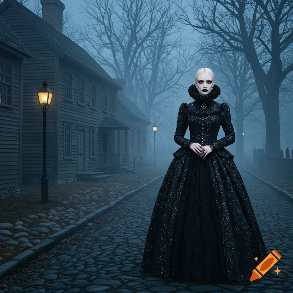A woman in a black gothic dress stands on a cobblestone street in a ...