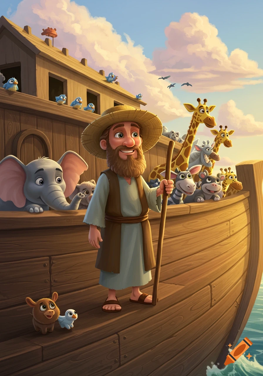 Noah with a long white beard stands before his ark, surrounded by pairs ...