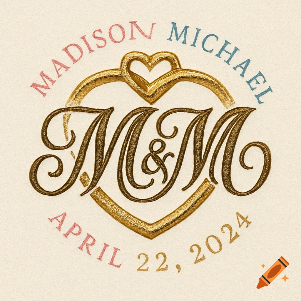 A custom wedding logo featuring intertwined gold 'M&M' initials within ...