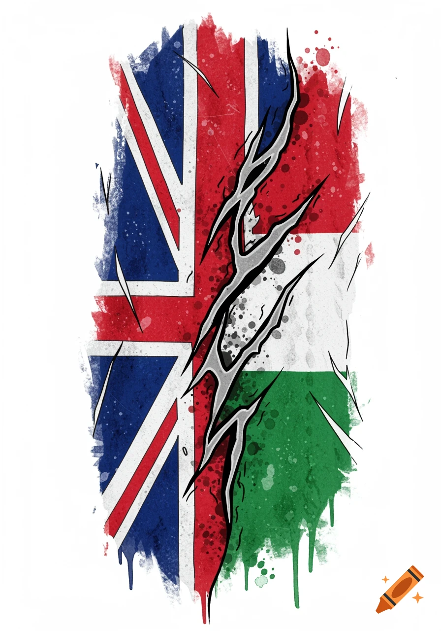 Distressed Union Jack and Hungarian flags torn and blended with tribal ...