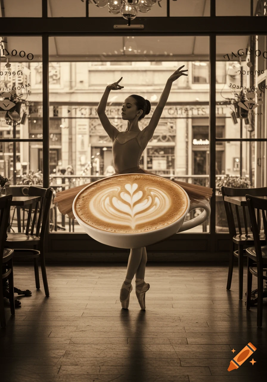 A ballerina in pointe shoes, with a large cappuccino cup serving as her tutu, standing in a ...