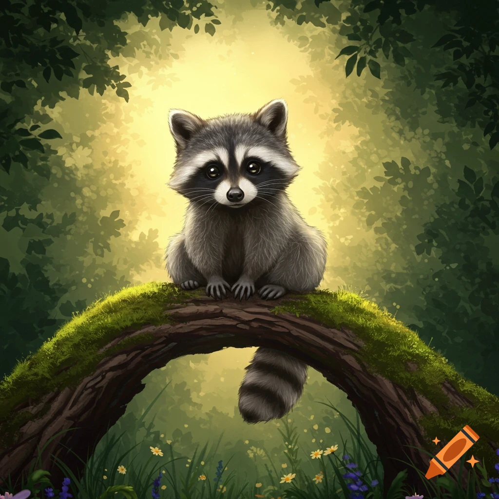 A cute raccoon with big eyes sits on a mossy log in a sunlit forest ...