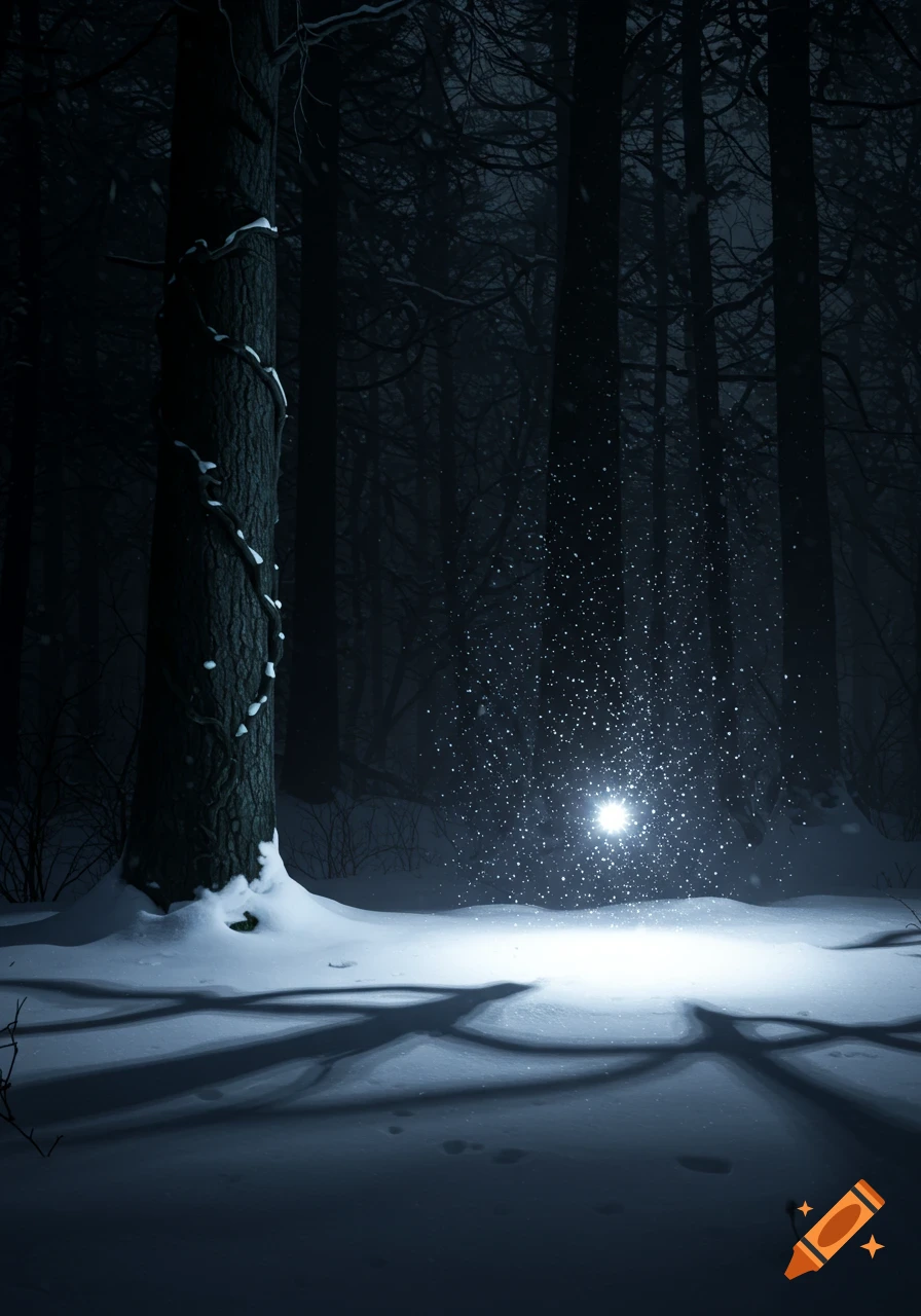 A dark, snowy forest at night, illuminated by a bright, glowing light ...