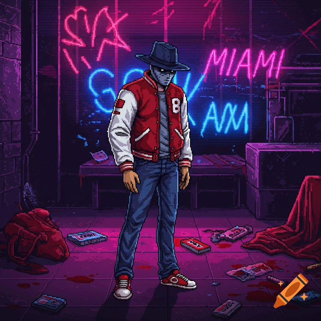 Neon-lit city street at night with graffiti-covered buildings and large ...