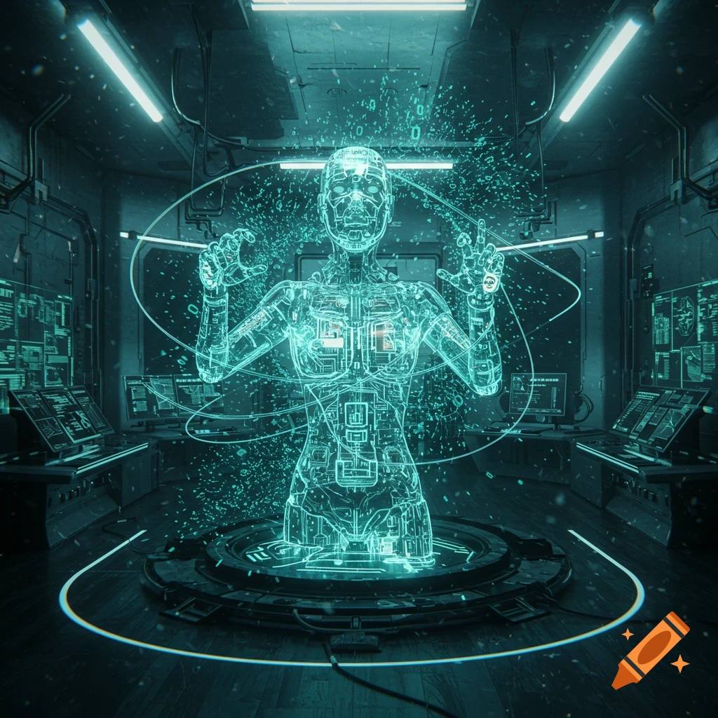 A glowing, translucent blue holographic AI figure interacts with digital data in a dark ...
