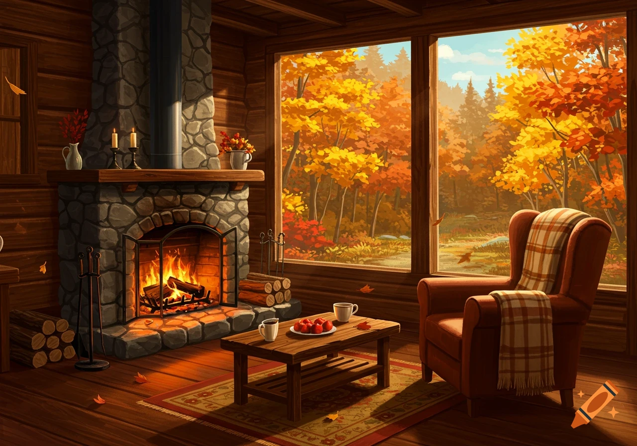 A cozy cabin interior with a stone fireplace and an armchair, looking ...
