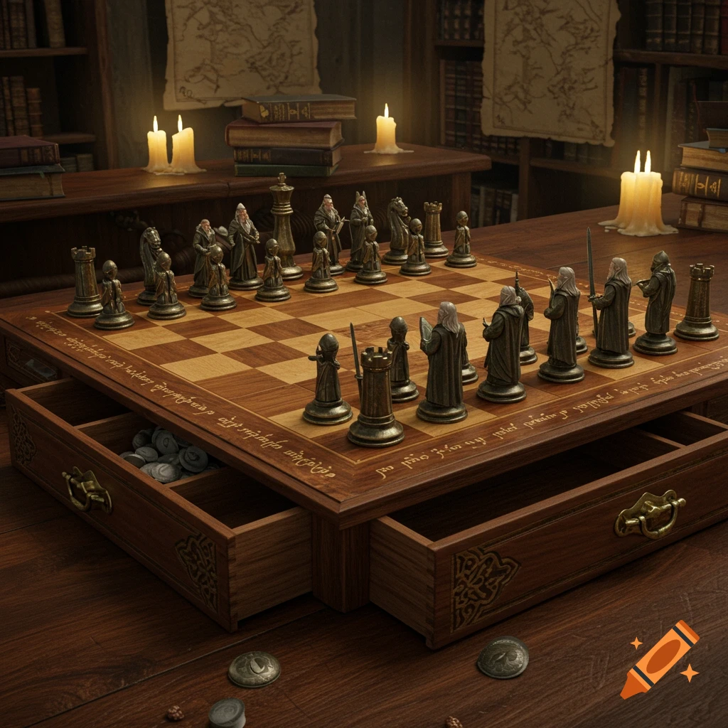 A Lord of the Rings themed chess set on a detailed wooden board with ...