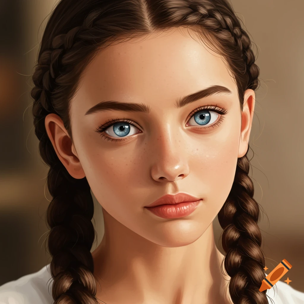 A close-up portrait of a young woman with long dark hair and striking blue eyes, wearing a white ...