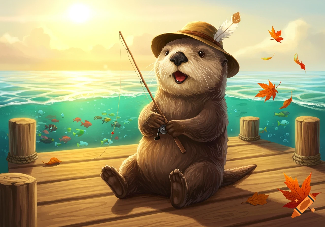 An animated cute sea otter wearing a hat sits on a wooden dock, holding ...