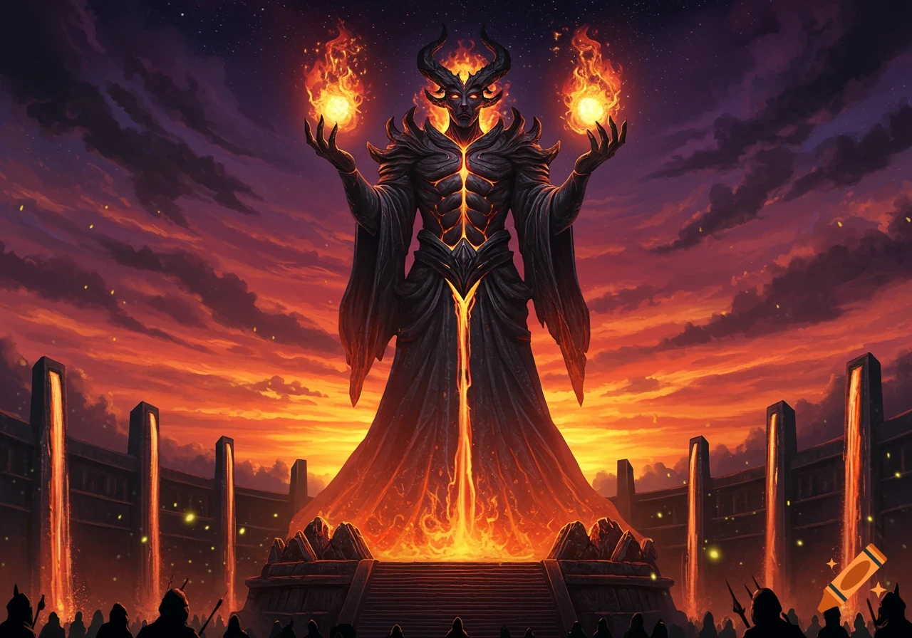 A colossal horned demonic statue made of dark rock and molten lava ...