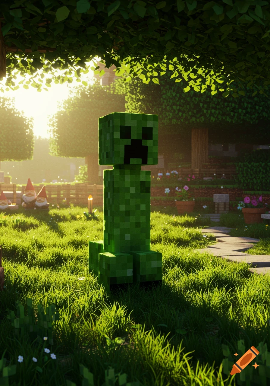 Minecraft Steve runs from a Creeper in a lush green blocky forest. on ...