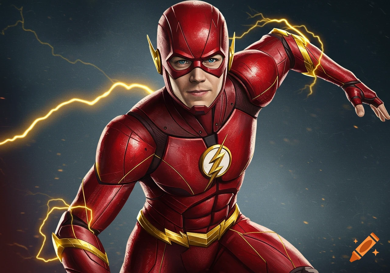 Photorealistic image of The Flash in his red and gold suit with ...