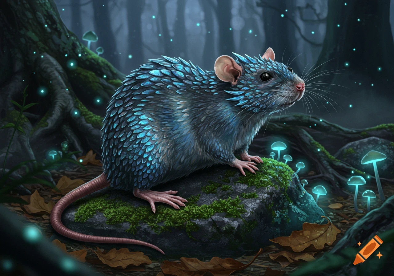 A white mouse mage in a blue cloak with golden trim stands on a mossy ...