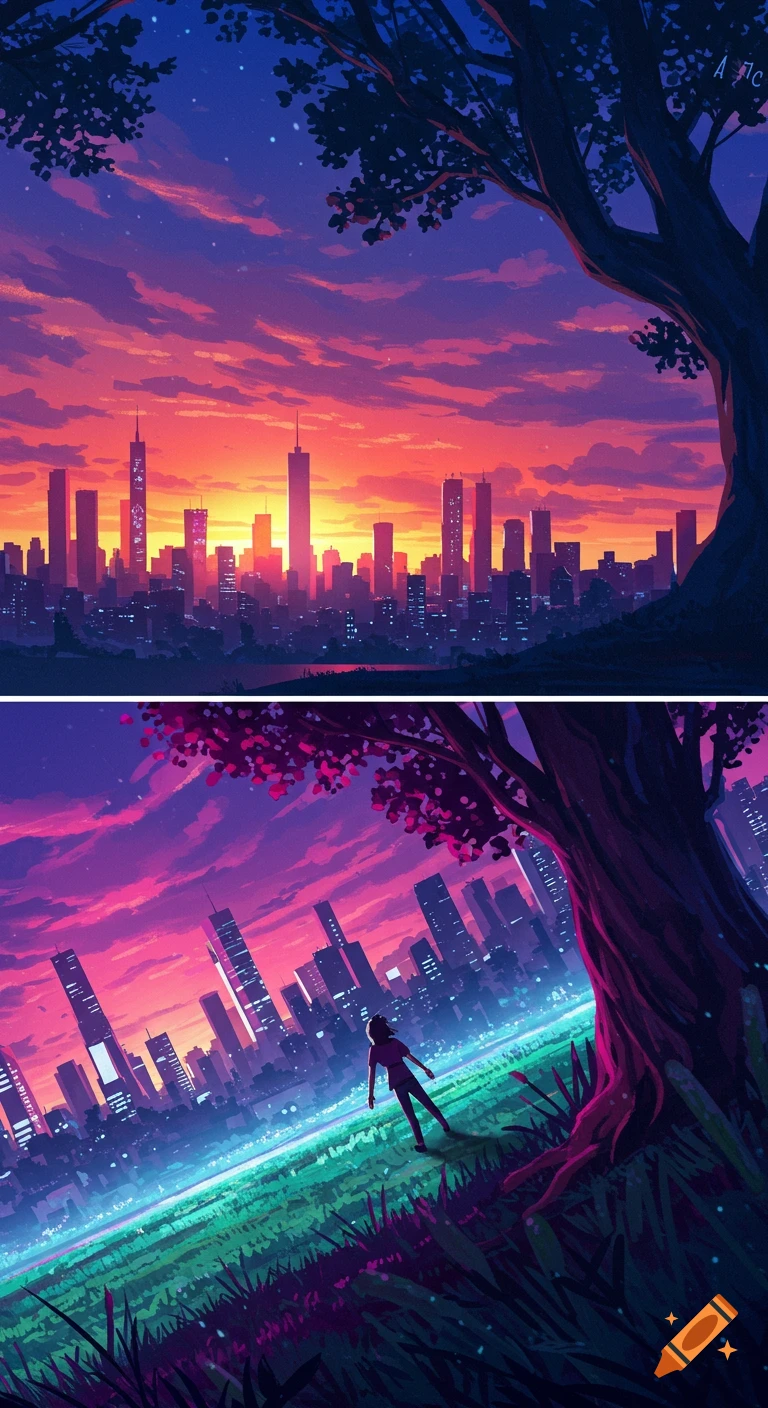 A lone figure sits on a blurred city street at dusk under a pastel sky ...