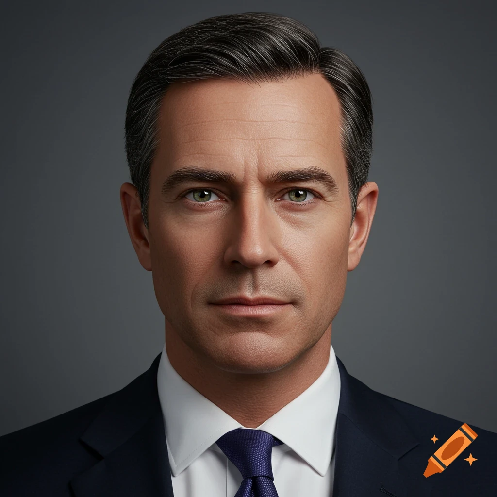 Headshot of a distinguished man in a suit and tie with hazel-green eyes ...