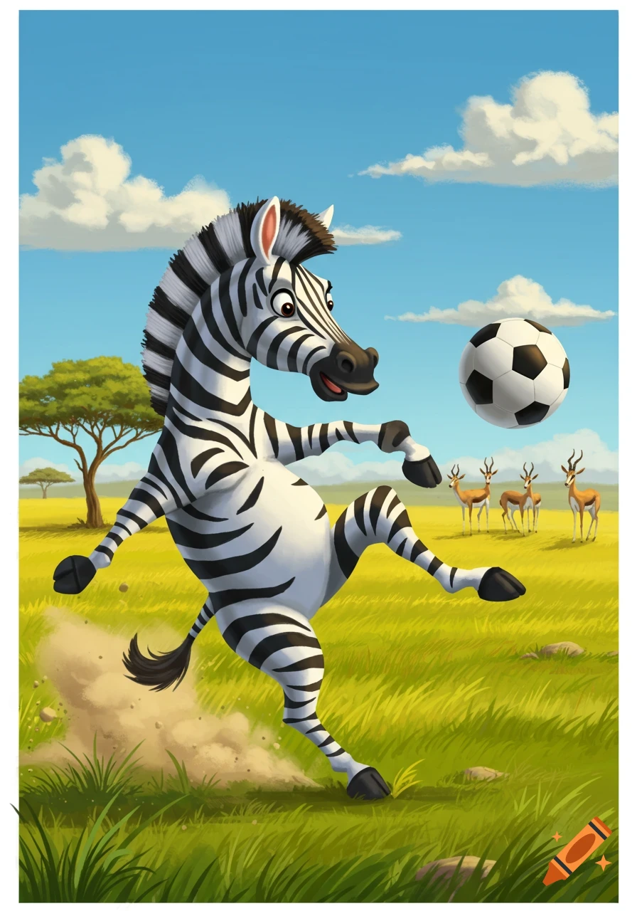 A cartoon zebra kicks a soccer ball in a savanna field with trees and ...