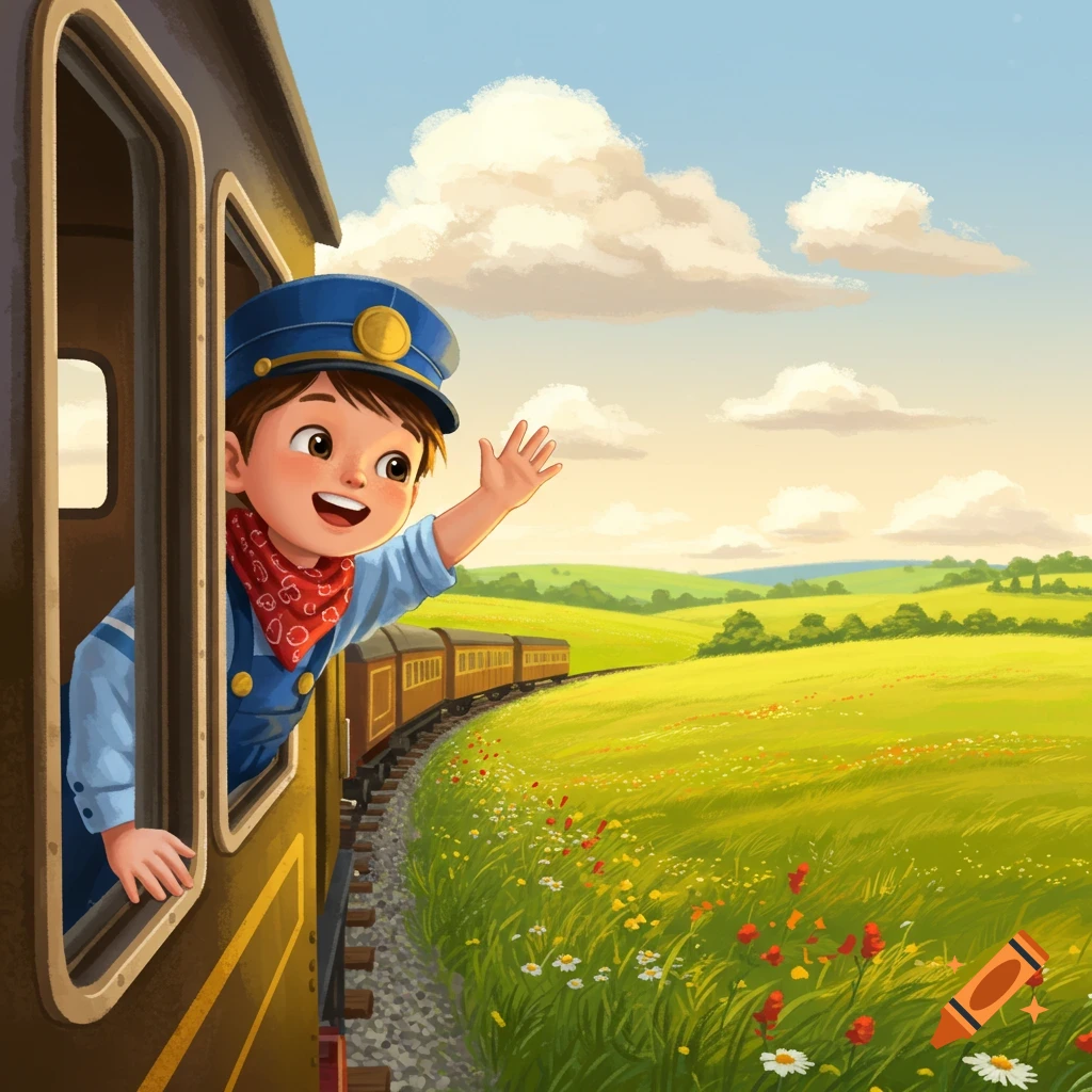 Cartoon boy in conductor uniform waving from a train window, train ...