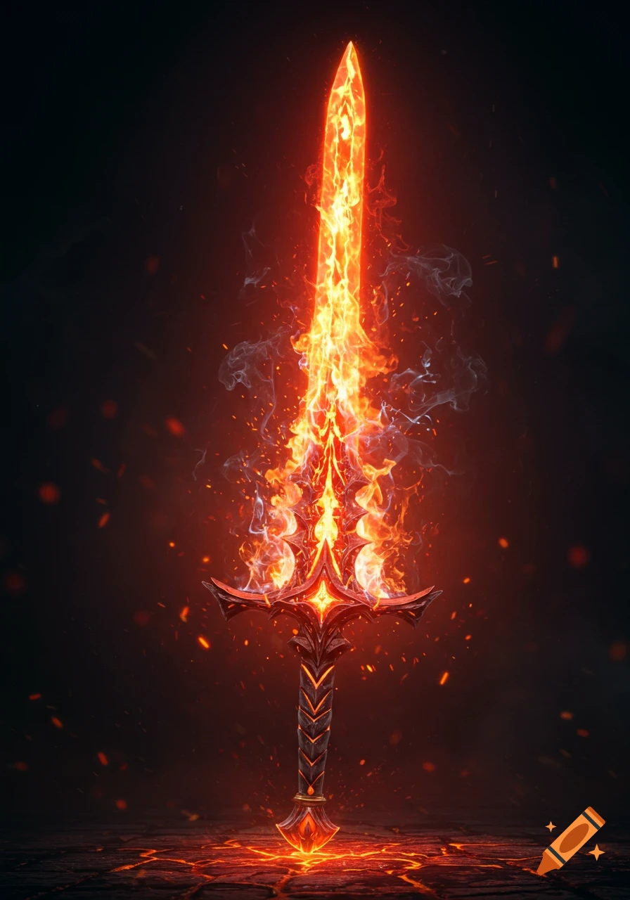A glowing, fiery sword stands upright in a cracked, desolate landscape ...