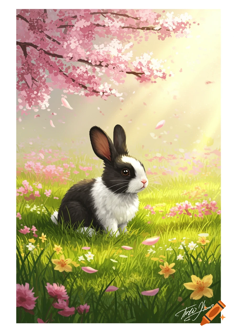 Two fluffy chibi-style rabbits, one black and one ginger, sit among ...