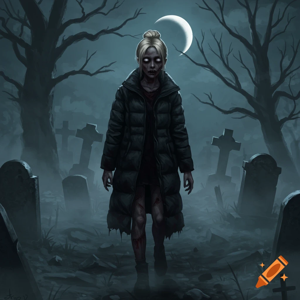 A blonde zombie woman in a long black coat with pale skin and milky ...