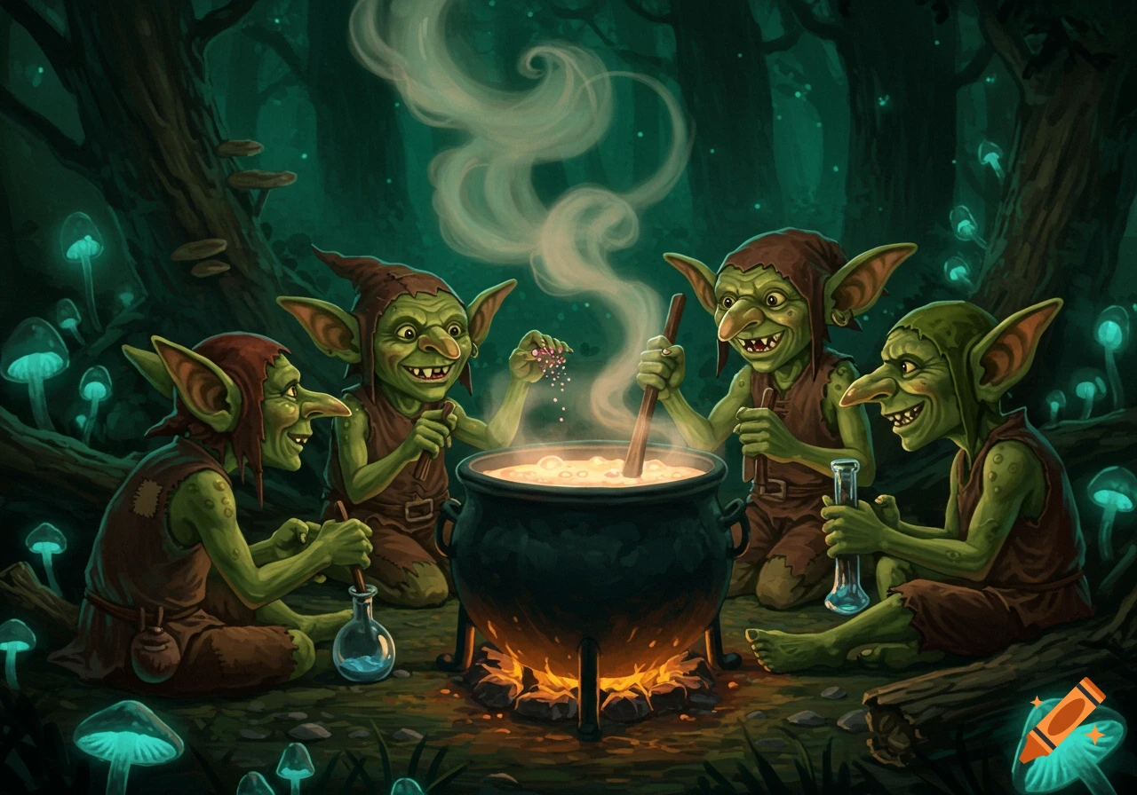 Four green-skinned goblins with pointed ears and hats gather around a ...