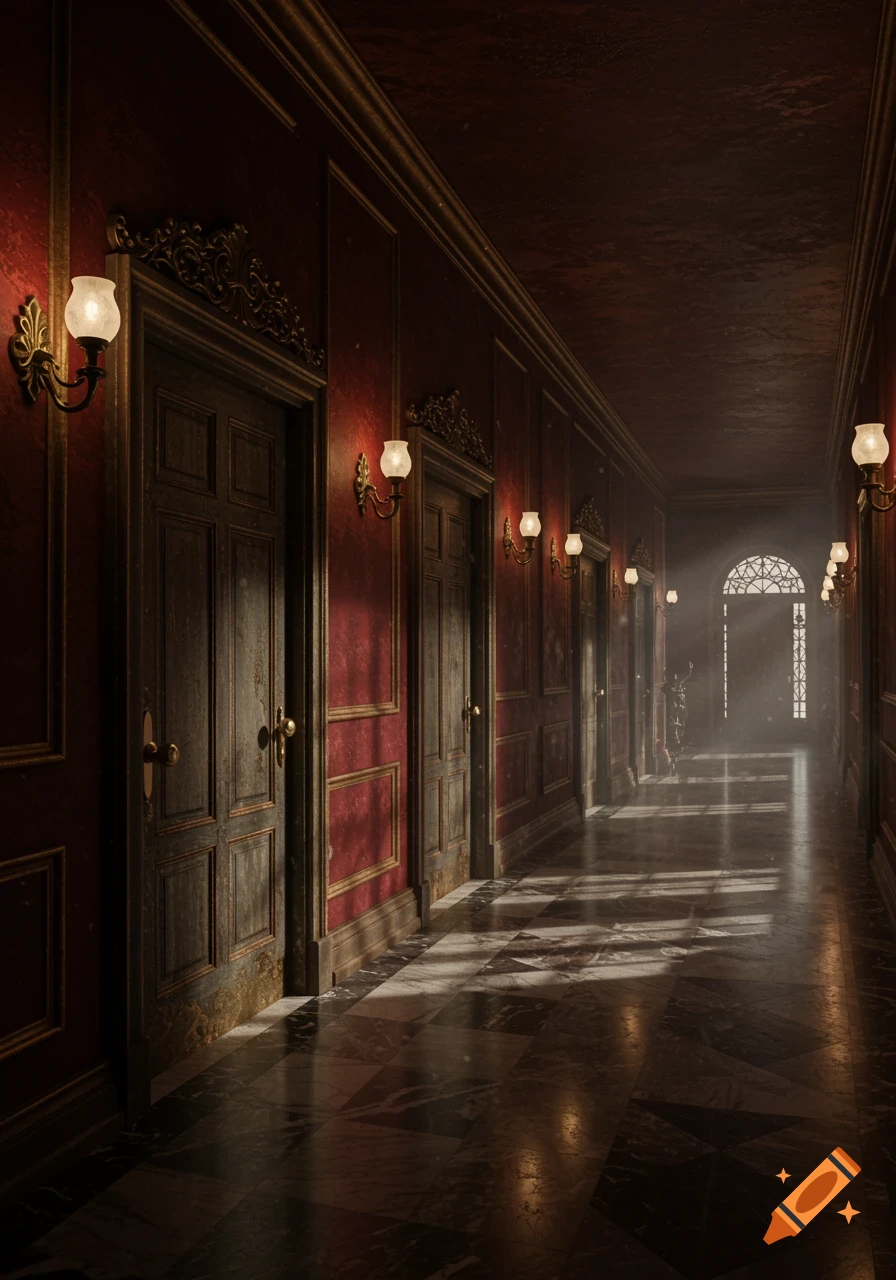 A long, dark, ornate hallway with red walls, gold trim, multiple wooden ...